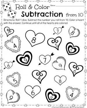 Valentine Theme Subtraction and Math Worksheets - February Kindergarten ...