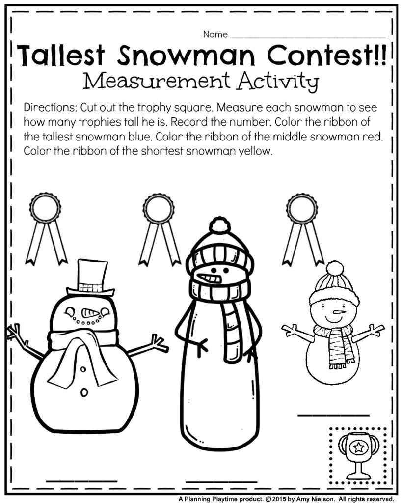 Tallest Snowman Contest Measurement Worksheet - January Kindergarten ...