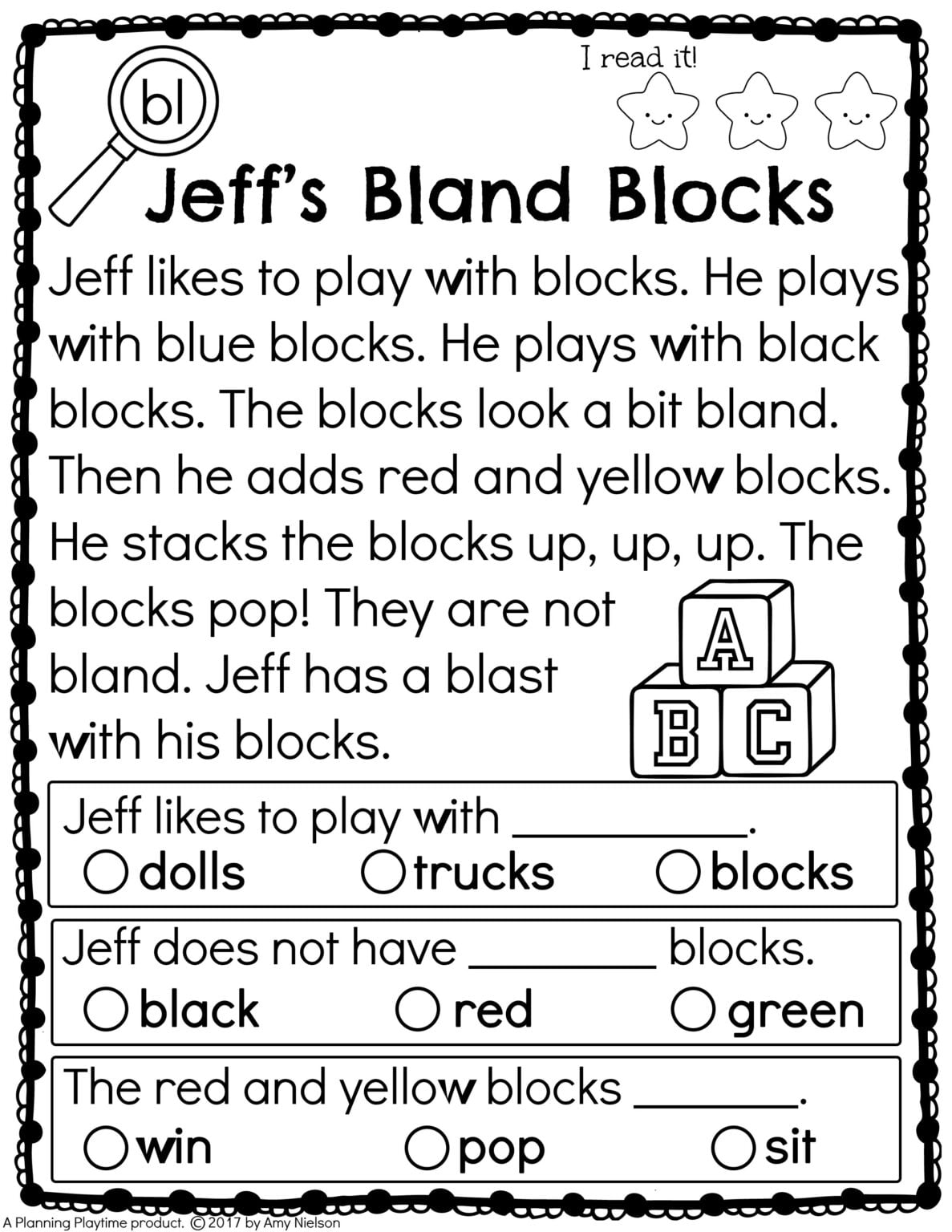 Kindergarten Reading Comprehension #2 - Planning Playtime