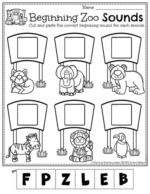 Beginning Sounds Zoo Cut and Paste - Zoo Preschool Worksheets ...