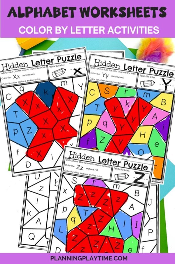 Alphabet Worksheets – Color by Letter Hidden Pictures - Planning Playtime