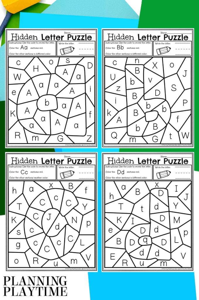 Alphabet Worksheets – Color by Letter Hidden Pictures - Planning Playtime