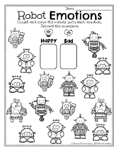 Robot Emotions Worksheet Sort by Emotion Color and Count - Robot ...
