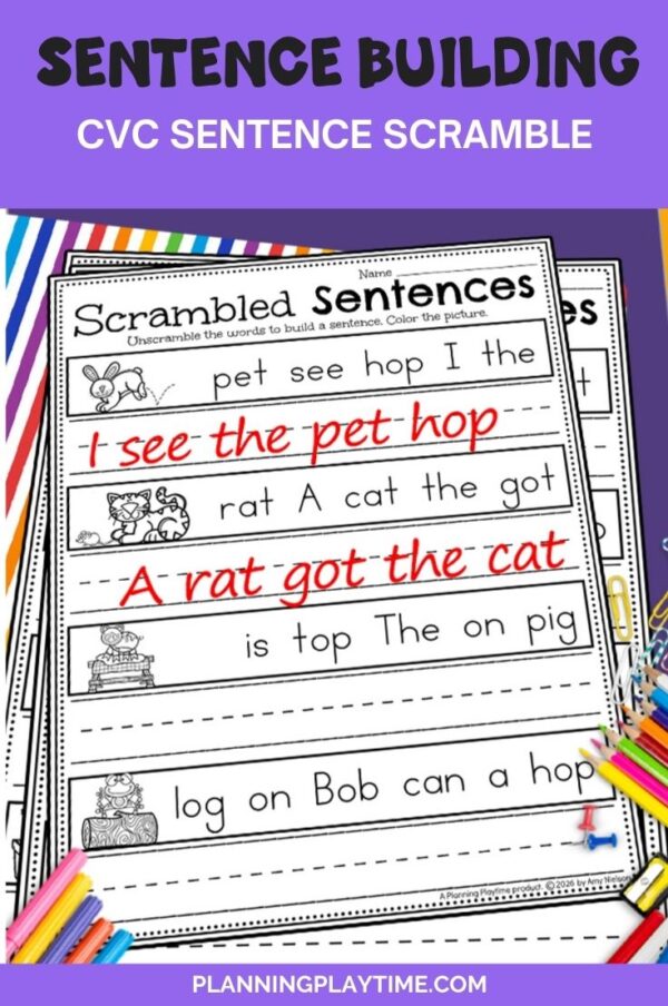 Sentence Scramble Worksheets for Kindergarten | CVC Sentences Practice ...