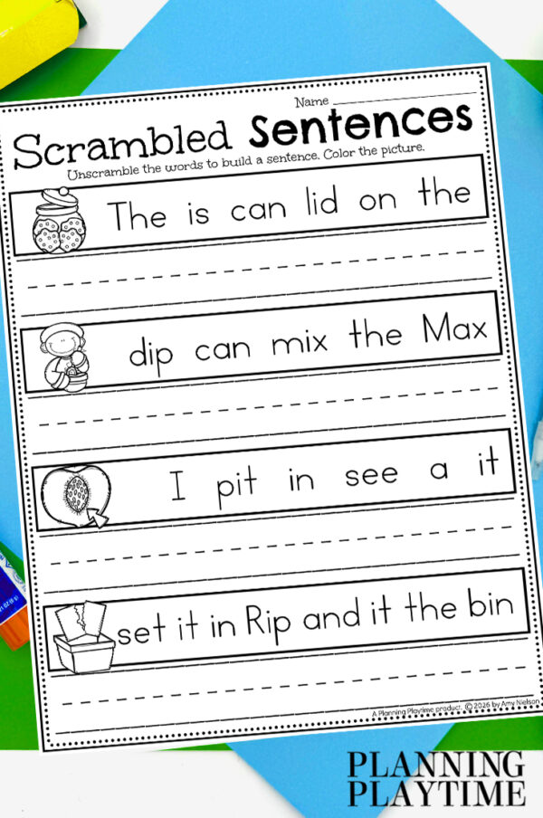 Sentence Scramble Worksheets for Kindergarten | CVC Sentences Practice ...
